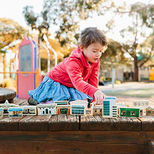 THE FRECKLED FROG My Little Town - Set of 20 - Ages 1+ - Wooden Blocks for Toddlers - Includes Bakery, Hospital, Supermarket and More - Double-Sided