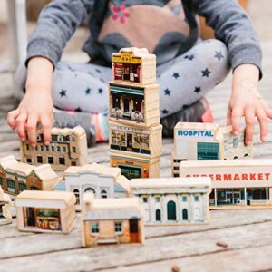 THE FRECKLED FROG My Little Town - Set of 20 - Ages 1+ - Wooden Blocks for Toddlers - Includes Bakery, Hospital, Supermarket and More - Double-Sided