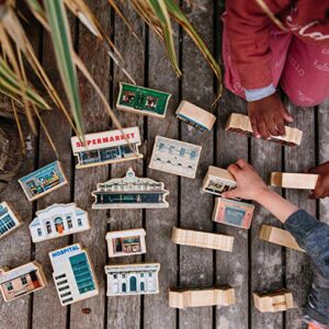 THE FRECKLED FROG My Little Town - Set of 20 - Ages 1+ - Wooden Blocks for Toddlers - Includes Bakery, Hospital, Supermarket and More - Double-Sided