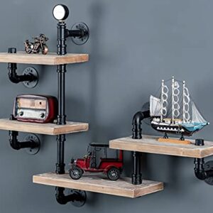 WAKI HOME Industrial Floating Pipe Wall Mounted Shelves Rustic Modern Wood Shelving Bookcase 4 Layer Ladder Steampunk Hanging Bookshelf for Home Bathroom Office Decor (4-Tier Ladder Shelves)