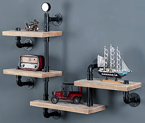 WAKI HOME Industrial Floating Pipe Wall Mounted Shelves Rustic Modern Wood Shelving Bookcase 4 Layer Ladder Steampunk Hanging Bookshelf for Home Bathroom Office Decor (4-Tier Ladder Shelves)