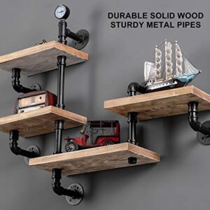 WAKI HOME Industrial Floating Pipe Wall Mounted Shelves Rustic Modern Wood Shelving Bookcase 4 Layer Ladder Steampunk Hanging Bookshelf for Home Bathroom Office Decor (4-Tier Ladder Shelves)