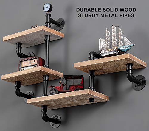 WAKI HOME Industrial Floating Pipe Wall Mounted Shelves Rustic Modern Wood Shelving Bookcase 4 Layer Ladder Steampunk Hanging Bookshelf for Home Bathroom Office Decor (4-Tier Ladder Shelves)