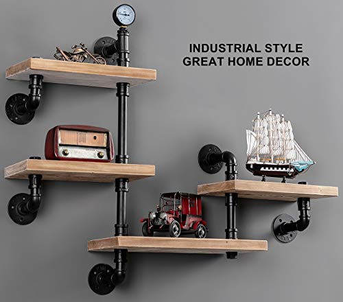 WAKI HOME Industrial Floating Pipe Wall Mounted Shelves Rustic Modern Wood Shelving Bookcase 4 Layer Ladder Steampunk Hanging Bookshelf for Home Bathroom Office Decor (4-Tier Ladder Shelves)