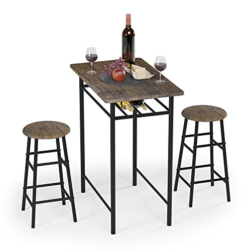 Weehom Bar Table with 2 Bar Stools, Pub Dining Height Table Set, Kitchen Counter with Bar Chairs,Bistro Table Sets for Kitchen Living Room, Built in Storage Layer, Easy Assemble