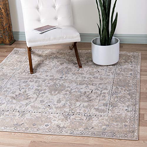 Rugs.com Oregon Collection Rug – 4 Ft Square Ivory Low-Pile Rug Perfect for Living Rooms, Kitchens, Entryways