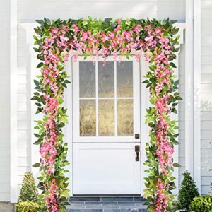 Artflower 4 Pcs Artificial Flowers Wisteria Garland Silk Wisteria Vine Rattan Hanging Flower Greenery Garland with Ivy Leaves for Home Garden Outdoor Wedding Arch Floral Decor, 6.6 Feet (Pink)