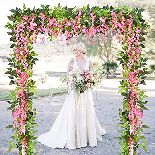 Artflower 4 Pcs Artificial Flowers Wisteria Garland Silk Wisteria Vine Rattan Hanging Flower Greenery Garland with Ivy Leaves for Home Garden Outdoor Wedding Arch Floral Decor, 6.6 Feet (Pink)