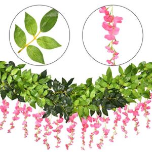 Artflower 4 Pcs Artificial Flowers Wisteria Garland Silk Wisteria Vine Rattan Hanging Flower Greenery Garland with Ivy Leaves for Home Garden Outdoor Wedding Arch Floral Decor, 6.6 Feet (Pink)