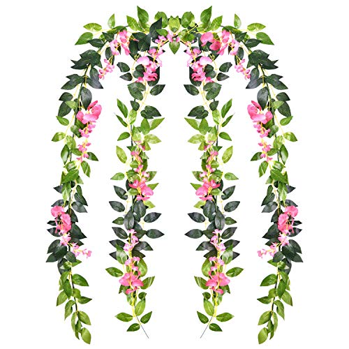 Artflower 4 Pcs Artificial Flowers Wisteria Garland Silk Wisteria Vine Rattan Hanging Flower Greenery Garland with Ivy Leaves for Home Garden Outdoor Wedding Arch Floral Decor, 6.6 Feet (Pink)