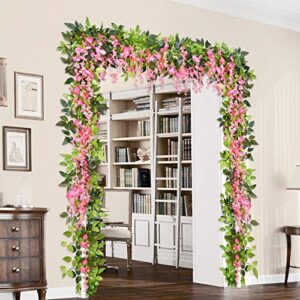 Artflower 4 Pcs Artificial Flowers Wisteria Garland Silk Wisteria Vine Rattan Hanging Flower Greenery Garland with Ivy Leaves for Home Garden Outdoor Wedding Arch Floral Decor, 6.6 Feet (Pink)