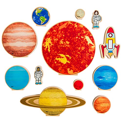 THE FRECKLED FROG Traveling in Space - Set of 12 - Ages 2+ - Wooden Blocks for Toddlers - Includes Planets, Sun, Astronauts and Rocket - Double-Sided