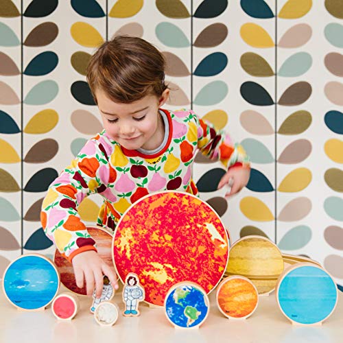 THE FRECKLED FROG Traveling in Space - Set of 12 - Ages 2+ - Wooden Blocks for Toddlers - Includes Planets, Sun, Astronauts and Rocket - Double-Sided