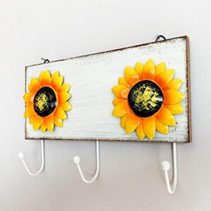 Rustic Wooden Sunflower Wall Hook Keys Aprons Towel Hanger Kitchen Wall Decor Flower Wall Holder Countryside Farmhouse Wall Decoration for Home Kitchen Entryway Office-(White)