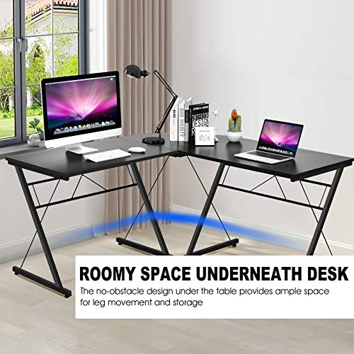 Tangkula L-Shaped Desk Corner Computer Desk, Space-Saving & Multifunctional Home Office Desk Writing Workstation Study Desk with Round Corner (Black)