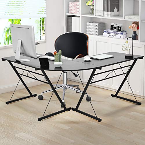 Tangkula L-Shaped Desk Corner Computer Desk, Space-Saving & Multifunctional Home Office Desk Writing Workstation Study Desk with Round Corner (Black)