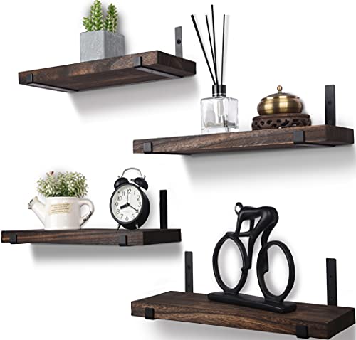 HXSWY Rustic Wood Floating Shelves for Wall Farmhouse Wooden Wall Shelf for Bathroom Kitchen Bedroom Living Room Set of 4 Dark Brown