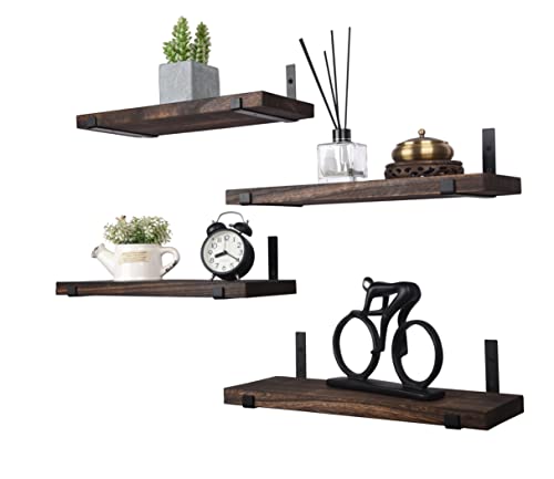 HXSWY Rustic Wood Floating Shelves for Wall Farmhouse Wooden Wall Shelf for Bathroom Kitchen Bedroom Living Room Set of 4 Dark Brown