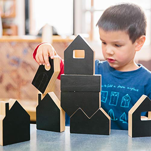 THE FRECKLED FROG Create ‘N’ Play My Village - Set of 8 - Ages 1+ - Wooden Blocks for Toddlers - Blackboard Surfaces to Write and Draw - Freestanding