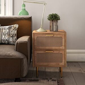 COZAYH Rustic Farmhouse Woven Fronts Nightstand, Spacious Storage End Table with 2 Drawers, Industrial Farmhouse Accent Furniture for Bedroom