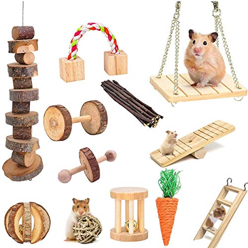 Gcace Hamster Pet Bunny Chew Toys - Natural Wooden Play Exercise Dumbells Seesaw Exercise Playing Teeth Care Molar Small Pets Accessories for Chinchillas Gerbils Bunnies Rats Small Animals