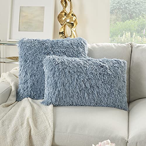 Mina Victory Shag Soft Ribbon Shag Ocean 20" x 20" Throw Pillow