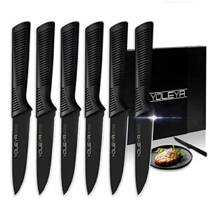 yoleya steak knives, 4.5" steak knives set of 6 high carbon german stainless steel black serrated steak knife set anti rusting sharp kitchen dinner knives