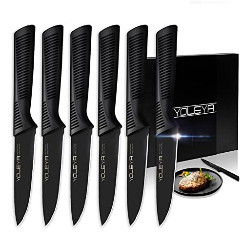 YOLEYA Steak Knives, 4.5" Steak Knives Set of 6 High Carbon German Stainless Steel Black Serrated Steak Knife Set Anti Rusting Sharp Kitchen Dinner Knives