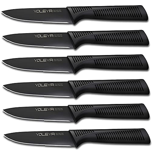 YOLEYA Steak Knives, 4.5" Steak Knives Set of 6 High Carbon German Stainless Steel Black Serrated Steak Knife Set Anti Rusting Sharp Kitchen Dinner Knives