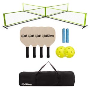 triumph sports 4 square pickleball game set transforms to regulation pickleball net, includes 4 square net, wood racket paddles, pickleballs, boundary markers, metal frame, carry bag