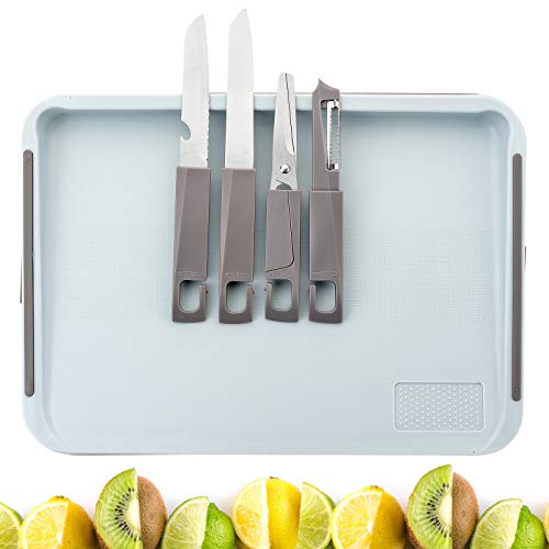 WELLSTAR Cutting Board Set of 5, Double Sided Plastic Chopping Board with Paring Knife, Serrated Utility, Scissors, Vegetables Peeler, Portable Outdoor Picnic BBQ Small Knife and Cutting Board Pack