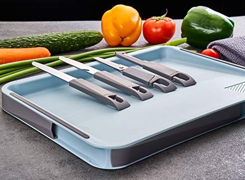 WELLSTAR Cutting Board Set of 5, Double Sided Plastic Chopping Board with Paring Knife, Serrated Utility, Scissors, Vegetables Peeler, Portable Outdoor Picnic BBQ Small Knife and Cutting Board Pack