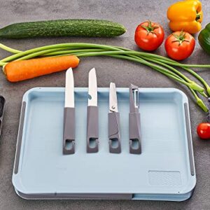 WELLSTAR Cutting Board Set of 5, Double Sided Plastic Chopping Board with Paring Knife, Serrated Utility, Scissors, Vegetables Peeler, Portable Outdoor Picnic BBQ Small Knife and Cutting Board Pack