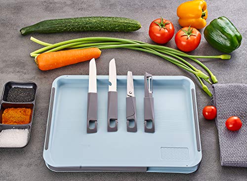 WELLSTAR Cutting Board Set of 5, Double Sided Plastic Chopping Board with Paring Knife, Serrated Utility, Scissors, Vegetables Peeler, Portable Outdoor Picnic BBQ Small Knife and Cutting Board Pack