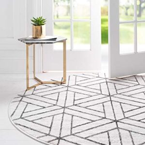 Rugs.com Lattice Trellis Collection Rug – 5 Ft Round White Low-Pile Rug Perfect for Kitchens, Dining Rooms