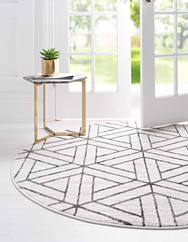 Rugs.com Lattice Trellis Collection Rug – 5 Ft Round White Low-Pile Rug Perfect for Kitchens, Dining Rooms