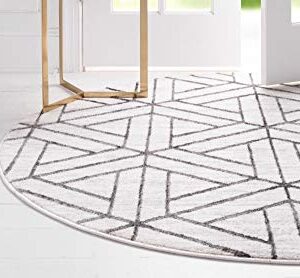 Rugs.com Lattice Trellis Collection Rug – 5 Ft Round White Low-Pile Rug Perfect for Kitchens, Dining Rooms