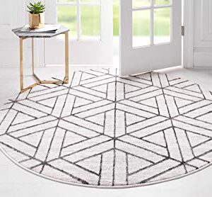 Rugs.com Lattice Trellis Collection Rug – 5 Ft Round White Low-Pile Rug Perfect for Kitchens, Dining Rooms