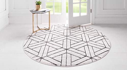 Rugs.com Lattice Trellis Collection Rug – 5 Ft Round White Low-Pile Rug Perfect for Kitchens, Dining Rooms