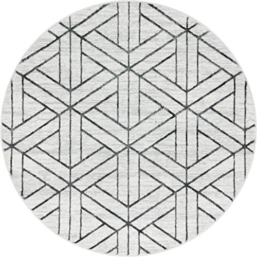 Rugs.com Lattice Trellis Collection Rug – 5 Ft Round White Low-Pile Rug Perfect for Kitchens, Dining Rooms