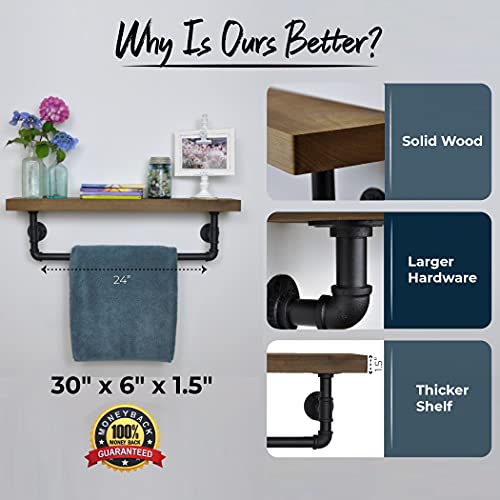 Industrial Towel Holder & Shelf, 30" x 6" Rustic Farmhouse Pipe Shelving, Perfect for Bathrooms, Vintage Black Iron Pipe