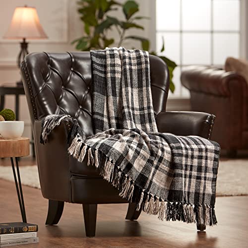 Chanasya Farmhouse Pattern Plaid Throw Blanket Lightweight Knit Textured Woven Decorative Blanket for Couch Bed Living Room Blanket with Tassels Fringed Throw Blanket (50x65 Inches) Black