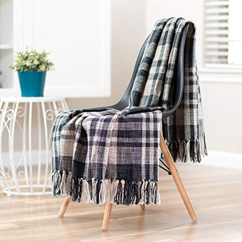 Chanasya Farmhouse Pattern Plaid Throw Blanket Lightweight Knit Textured Woven Decorative Blanket for Couch Bed Living Room Blanket with Tassels Fringed Throw Blanket (50x65 Inches) Black