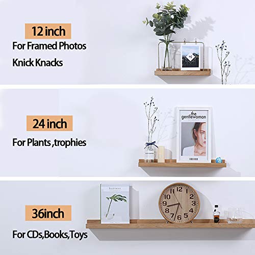 OAK Solid Wood Floating Shelves Wall Mounted, Picture Ledge Wall Shelves Storage Shelves Hanging Self Display Ledge Storage Rack For Bedroom, Living Room, Bedroom, Kitchen, Office (Natural, 36")