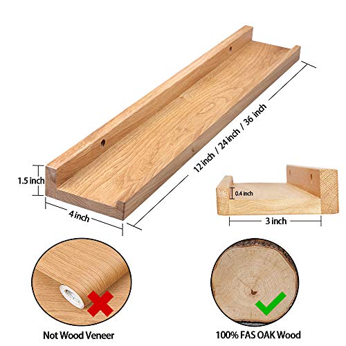 OAK Solid Wood Floating Shelves Wall Mounted, Picture Ledge Wall Shelves Storage Shelves Hanging Self Display Ledge Storage Rack For Bedroom, Living Room, Bedroom, Kitchen, Office (Natural, 36")