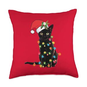 tronic tees santa black cat tangled up in christmas tree lights holiday throw pillow, 18x18, multicolor