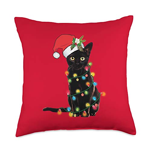 Tronic Tees Santa Black Cat Tangled Up in Christmas Tree Lights Holiday Throw Pillow, 18x18, Multicolor