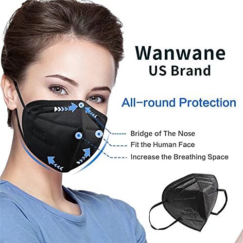 Wanwane KN95 Face Mask 50PCS Respirator Cup Dust 5 Layer with Elastic Ear Loop, Black