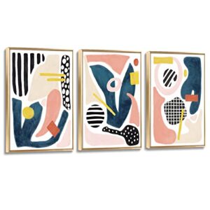 artbyhannah gold framed wall art, abstract canvas wall art with geometric prints, navy and pink modern wall art for bedroom living room, 12x16 inch set of 3