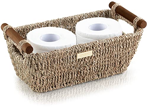 ADO Basics Seagrass Hand Woven Basket with Stain Resistant Polished Wooden Handles, Toilet paper Storage Wicker Baskets 12 inches Length, 6.29 inches Width, 4.25 inches Height, Natural